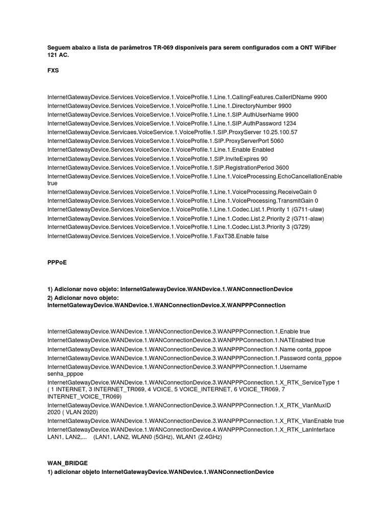 Parâmetros TR-069 - WiFiber 121 AC PDF | PDF | Computers