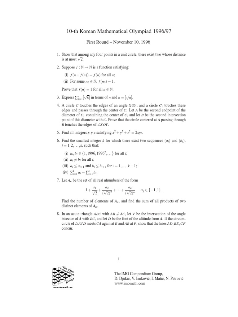 10th Korean Mathematical Olympiad Problems | PDF | Science & Mathematics