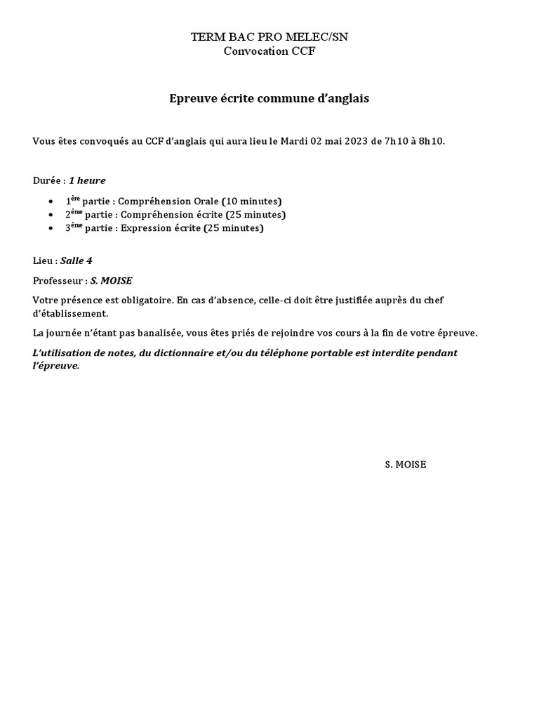 Convocation CCF Anglais Bac Pro 2023 | PDF