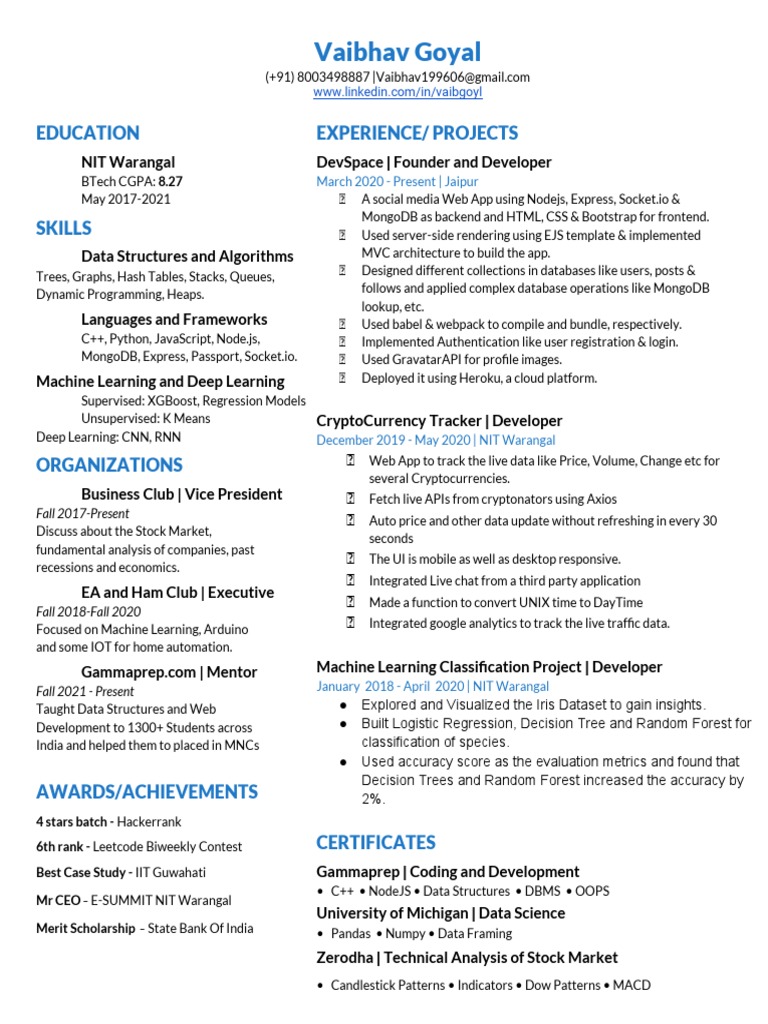 Vaibhav Goyal's Resume - Experienced Developer with Strong Skills in ... Vaibhav Goyal's Resume - Experienced Developer with Strong Skills in ...