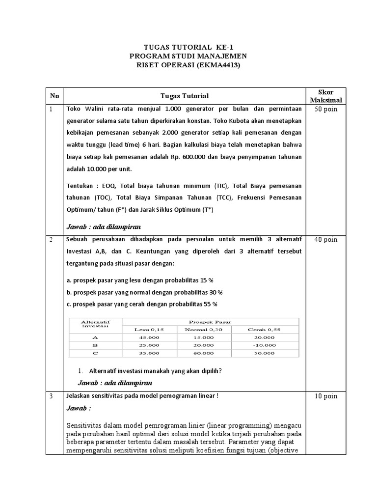 Tugas 1 Riset Operasi | PDF | Bisnis | Komputer