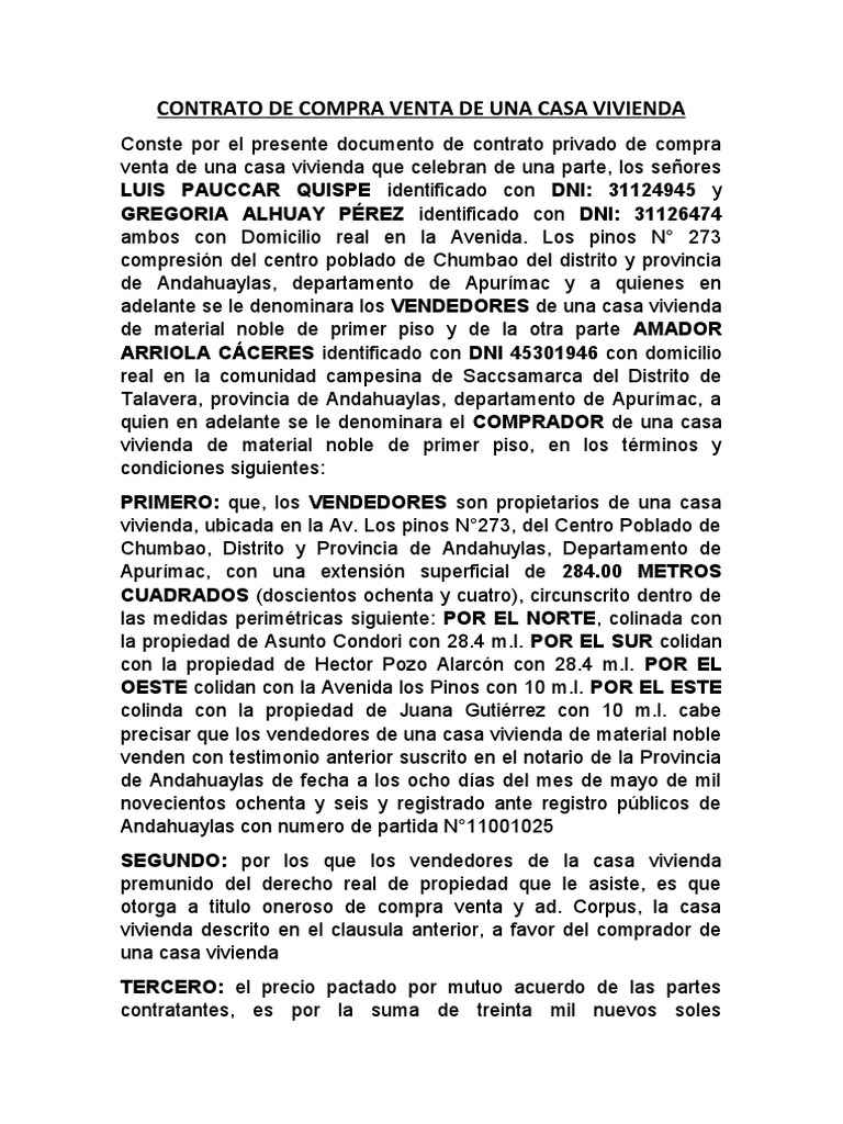 Contrato de Compra Venta de Una Casa Vivienda | PDF | Hogar, jardinería ...