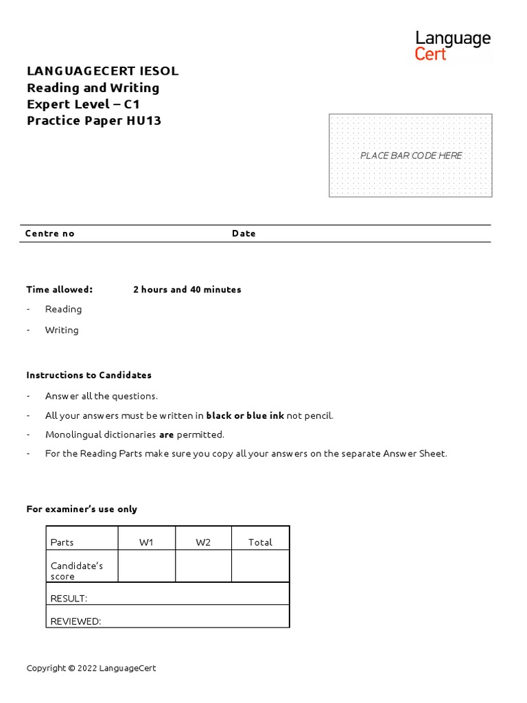 LanguageCert C1 Felsőfok - 13. Mintafeladat - Írásbeli Vizsgalap | PDF ...