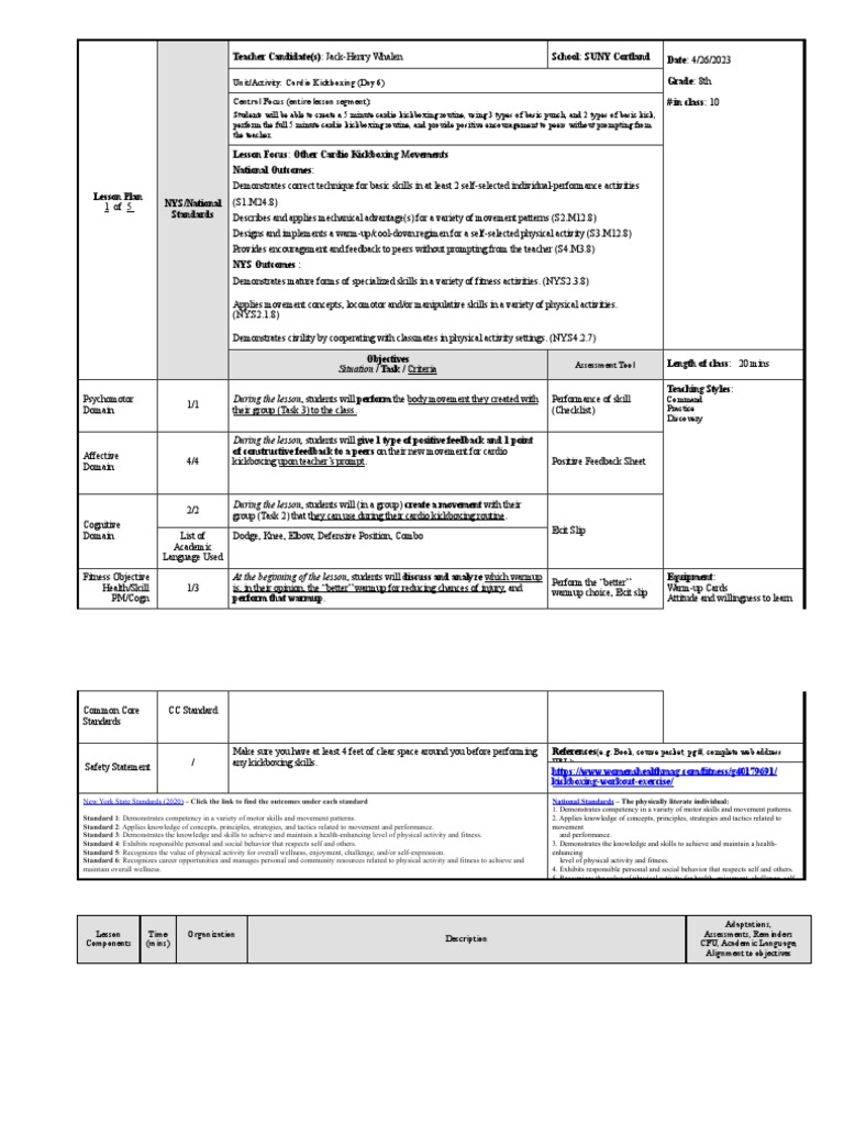 Cardio Kickboxing LP Lab D W Ref | PDF | Learning | Teachers