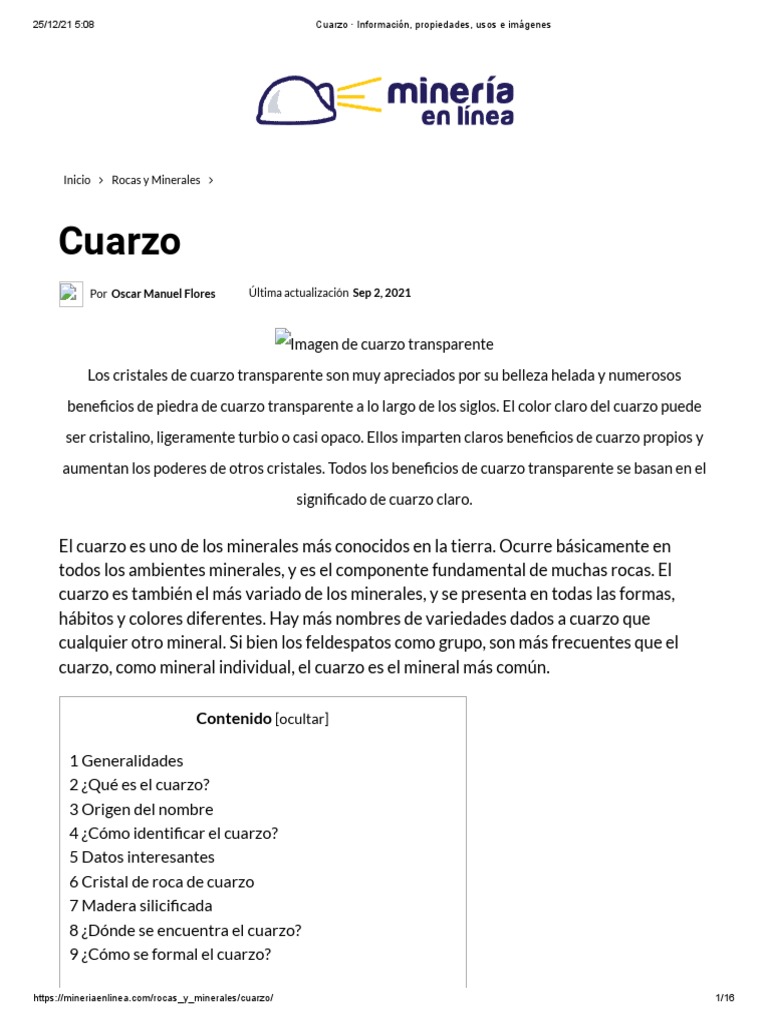 Cuarzo Información, Propiedades, Usos e Imágenes | PDF | Cuarzo | Minerales