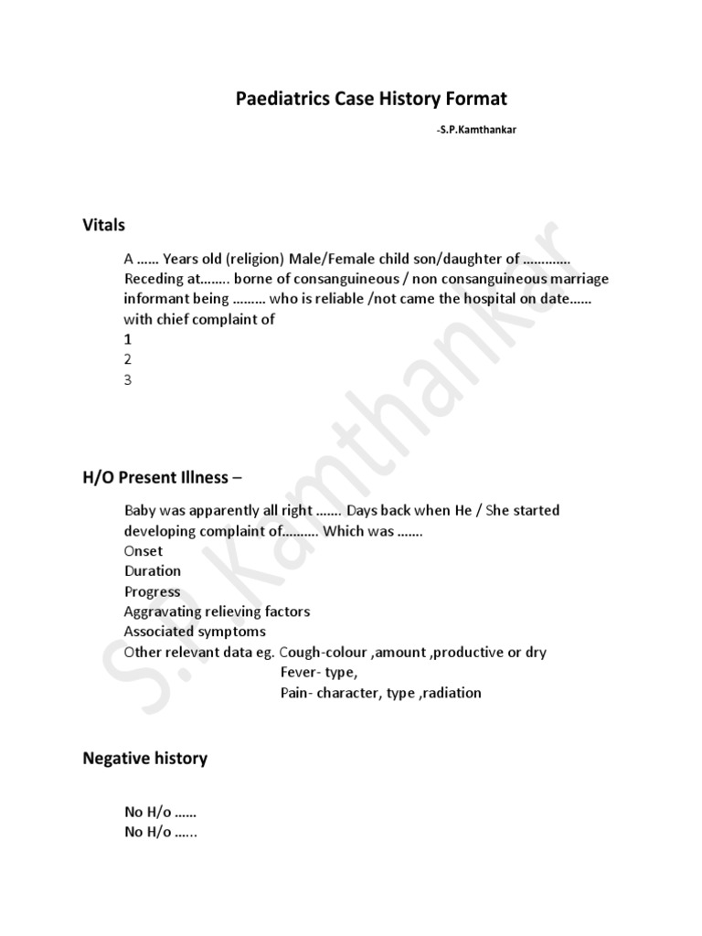 Paediatrics Case History Format by S.P.Kamthankar PDF | PDF ...