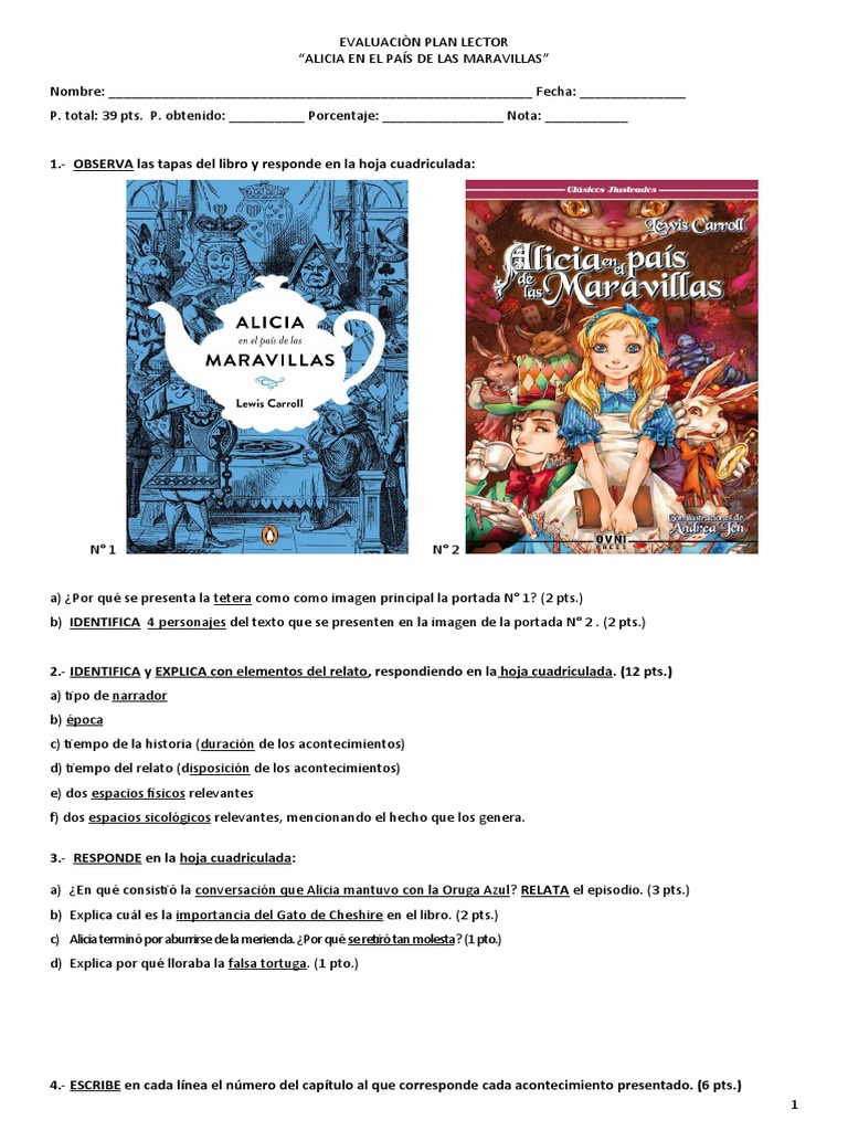 Prueba Alicia en El País de Las Maravillas | PDF | Las aventuras de ...