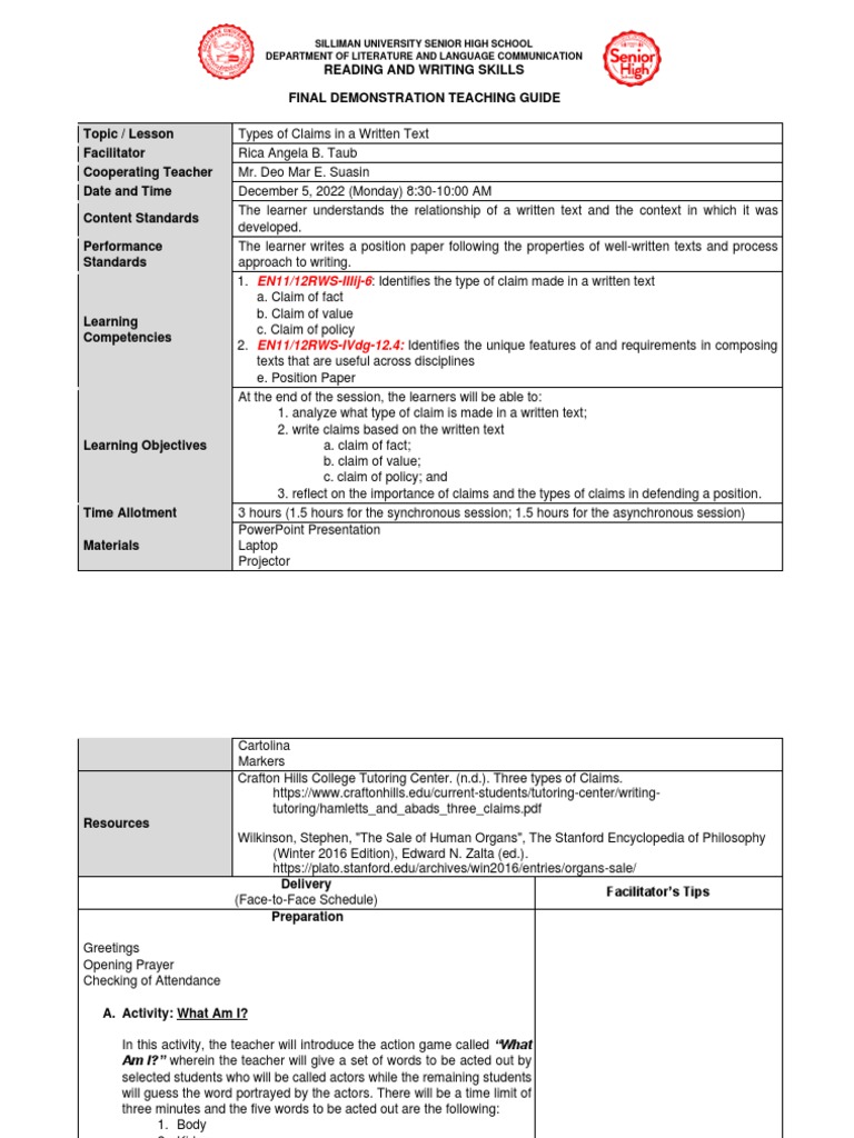 Taub - Final Student Teaching Demonstration Lesson Plan | PDF ...
