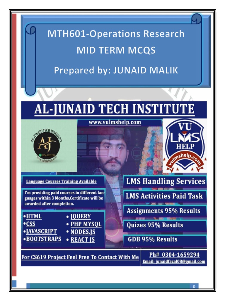 MTH601 MIDTERM SOLVED MCQS by JUNAID PDF | PDF | Mathematical Optimization | Linear Programming
