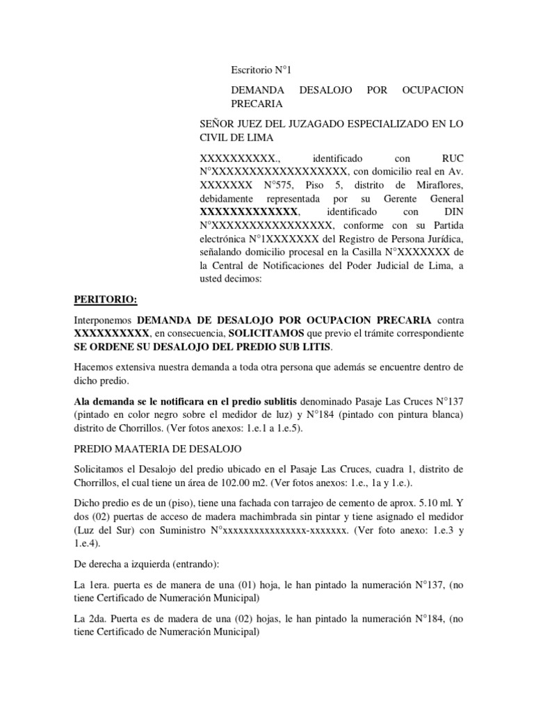 Escrito 01 Demanda de Desalojo Por Precario | PDF | Demanda judicial ...
