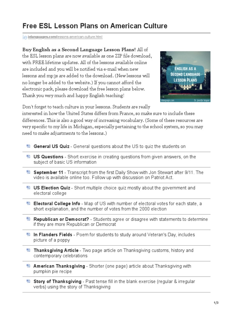 Beginner Esl Lesson Plans For Culture ESL Culture Project | TPT