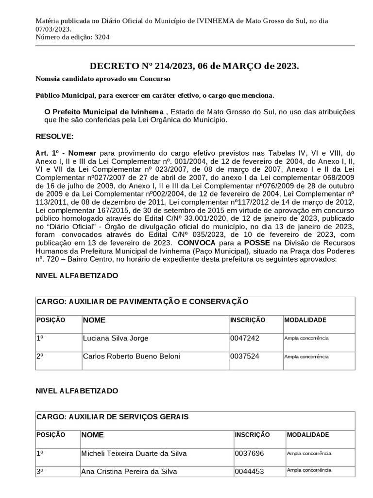 Decreto de Nomeacao No 2142023 de 06 de Marco de 2023 Concurso Publico PDF | PDF