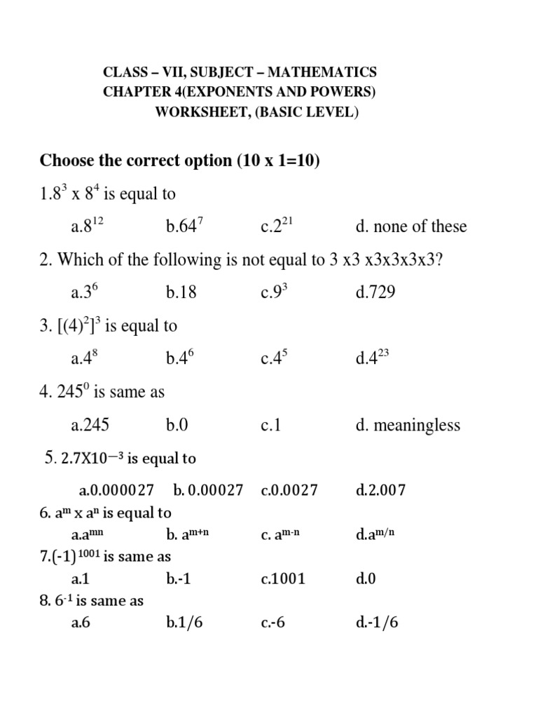 Standard Level Worksheet on Exponents and Powers for Class VII Students ...