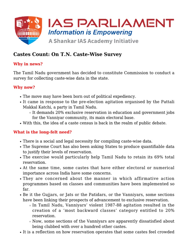 Castes Count On TN Caste Wise Survey | PDF