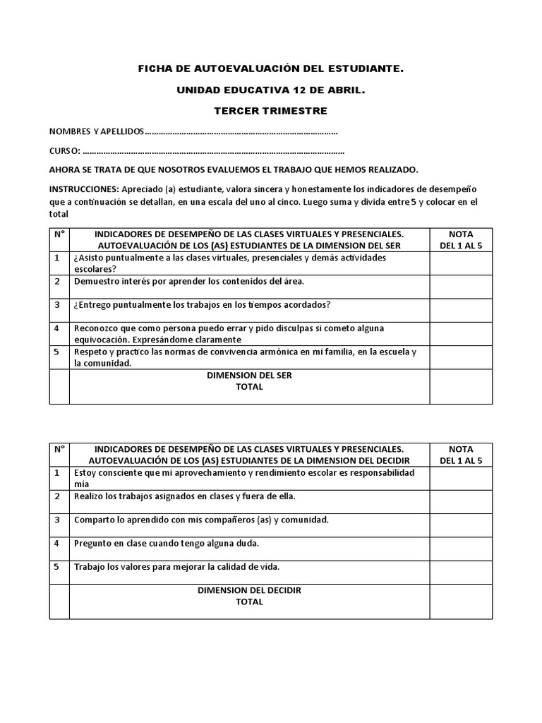 Ficha de Autoevaluación Del Estudiante | PDF