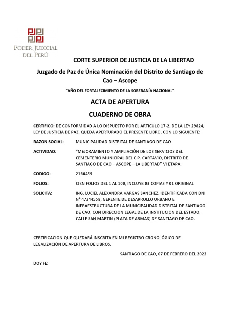 Apertura de Cuaderno de Obra Fisico | PDF