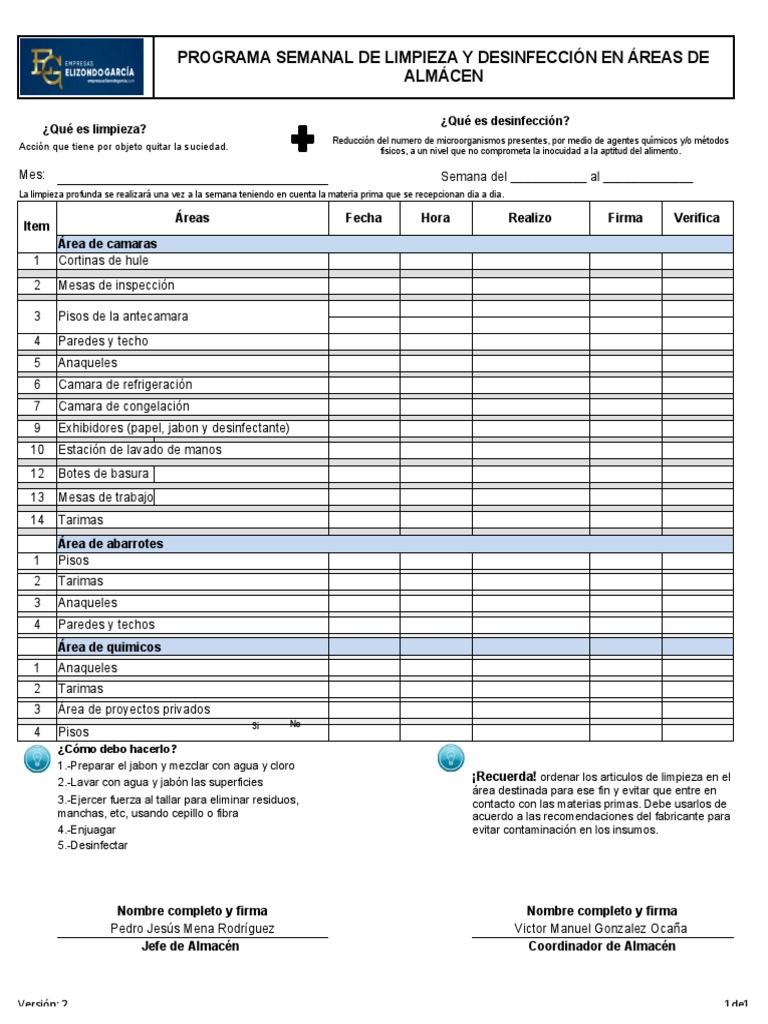 Programa Semanal de Limpieza y Desinfección de Areas de Almacen | PDF | Agua | Contaminación