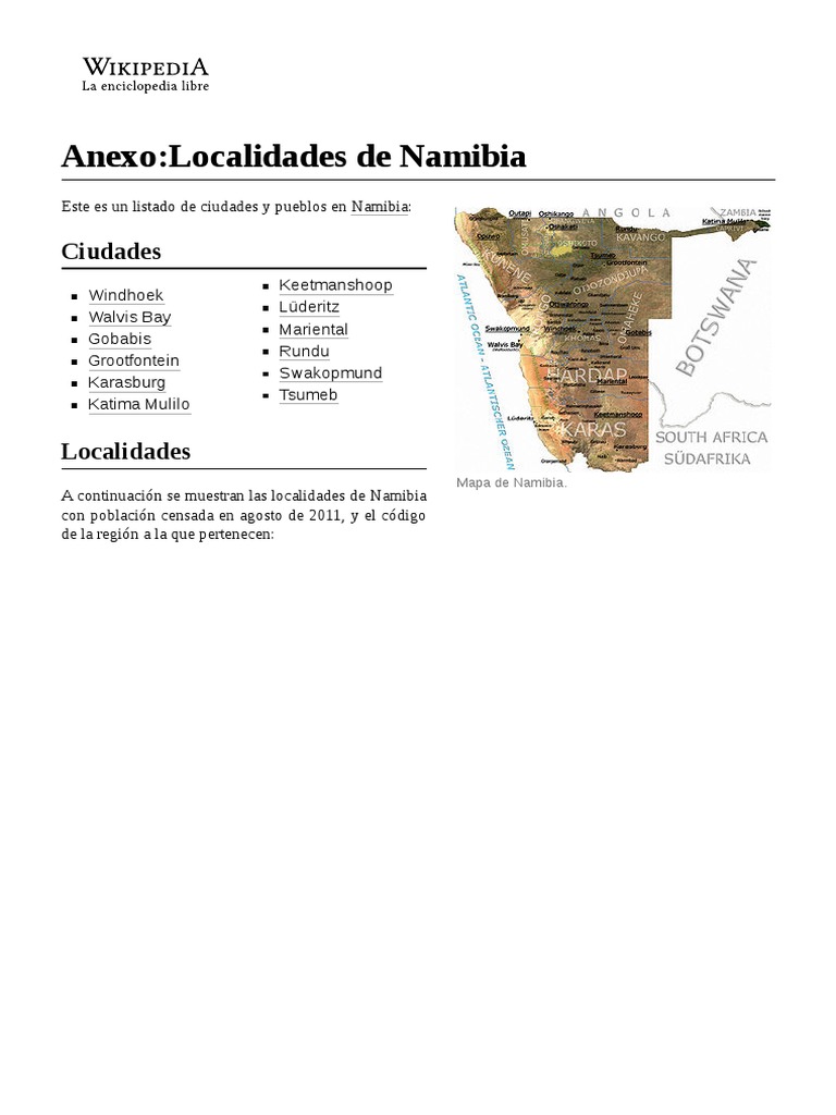 Localidades y ciudades de Namibia | PDF