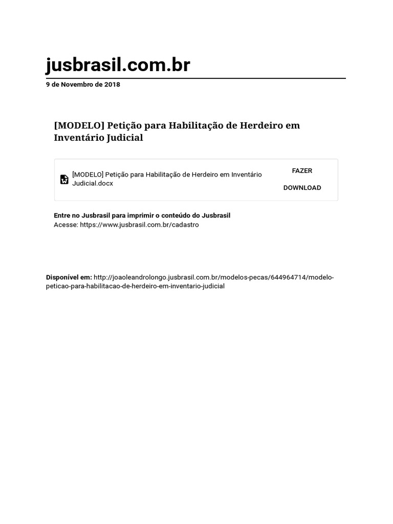 (MODELO) Petição para Habilitação de Herdeiro em Inventário Judicial ... (MODELO) Petição para Habilitação de Herdeiro em Inventário Judicial ...