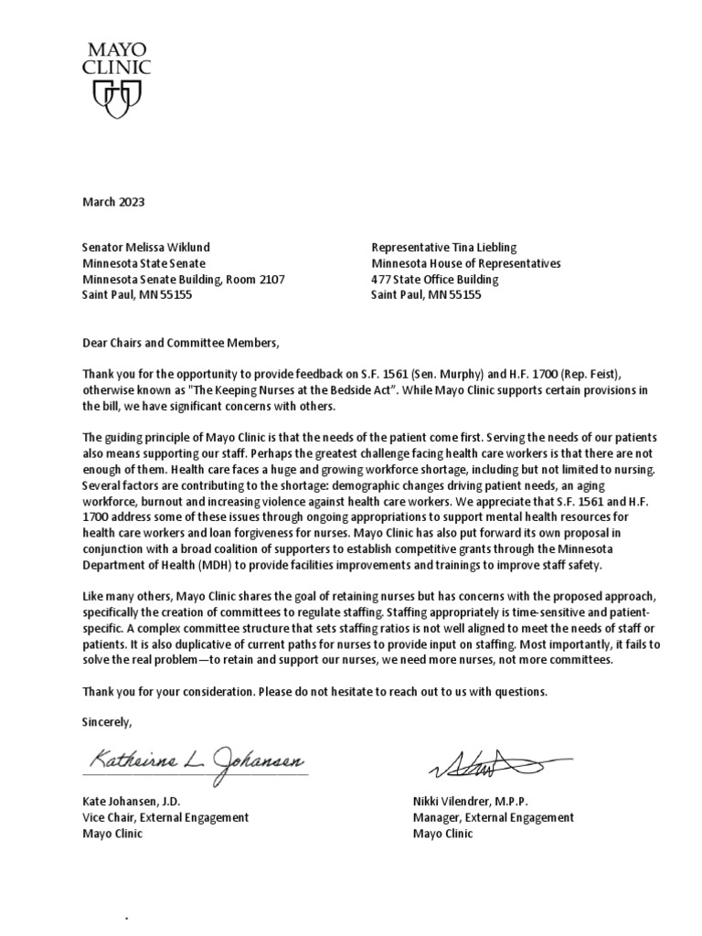 Mayo Clinic - Comment Letter - SF 1561 - HF 1700 | PDF