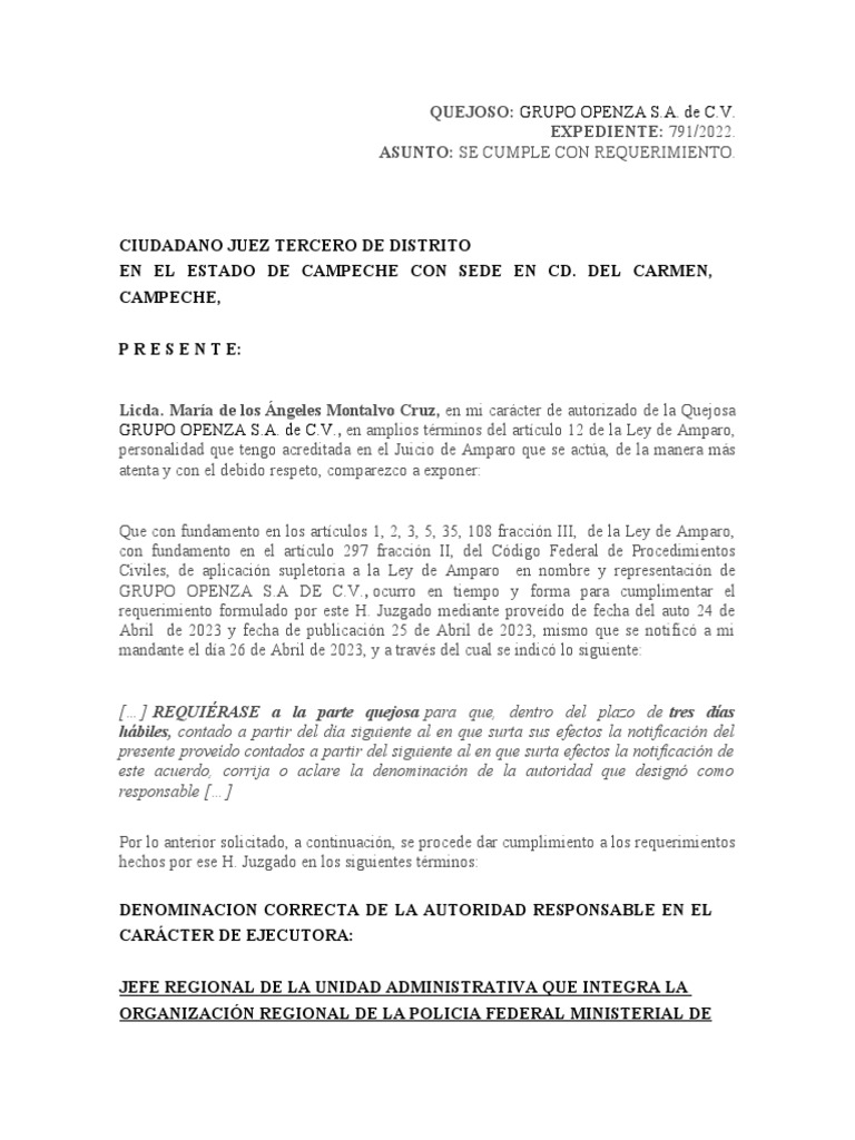 Grupo Openza - 2 Do Requerimiento Juez de Distrito | PDF | Ciudad de ...