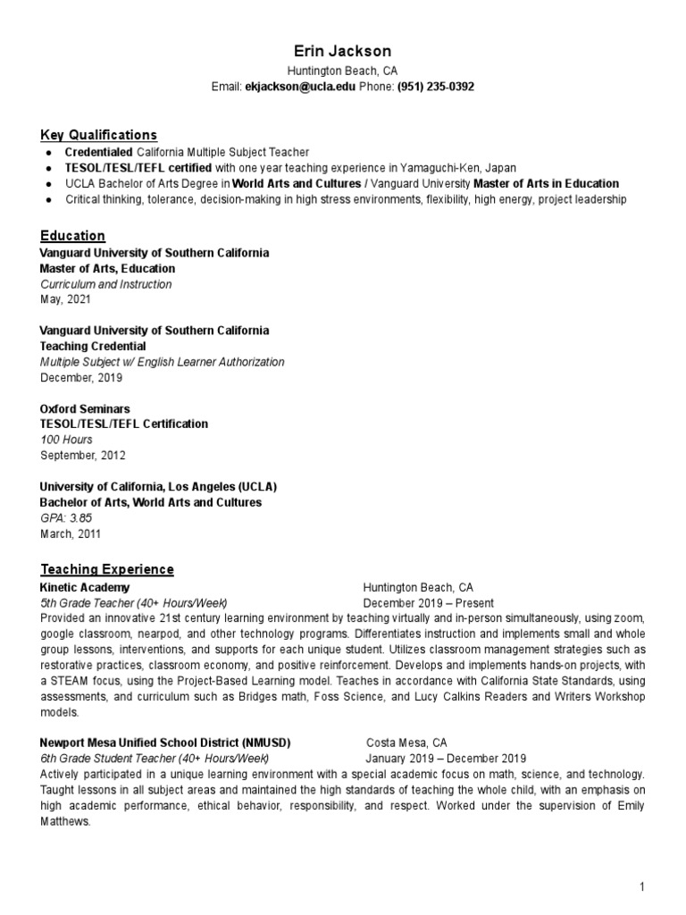 Erin Jackson: Educator Profile | PDF | Teachers | English As A Second ...