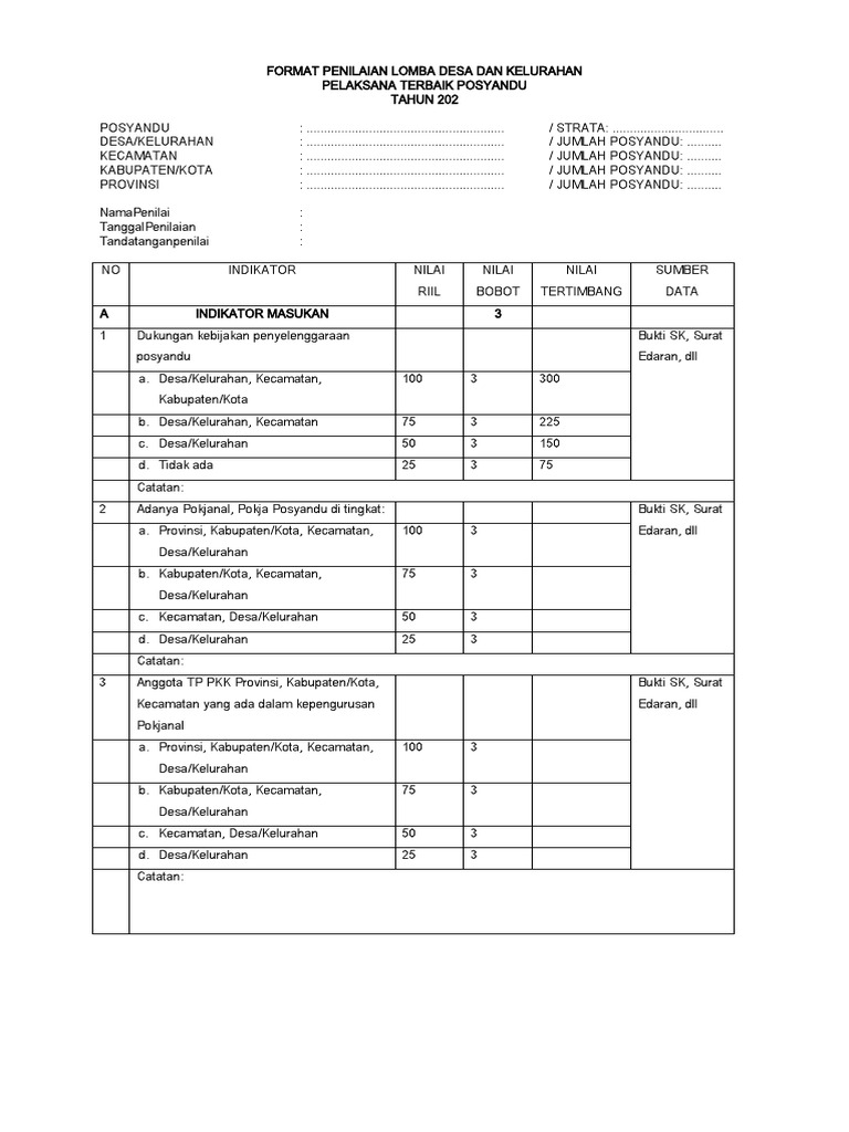 Format Penilaian Posyandu 2020 | PDF