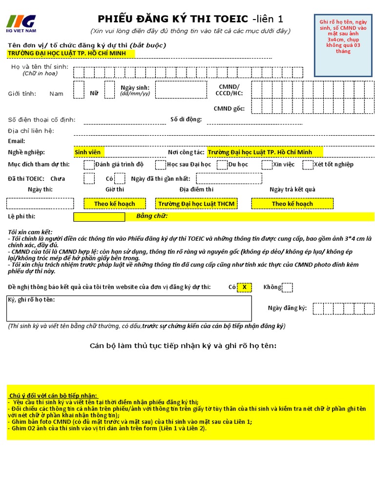 Phieu - Dang - Ky - Thi - TOEIC - Lien 1 - DHL25022019 | PDF