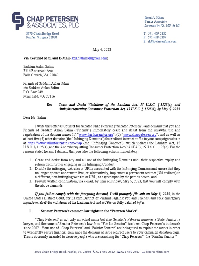 Letter From Chap Petersen To Saddam Salim | PDF | Lanham Act | Trademark
