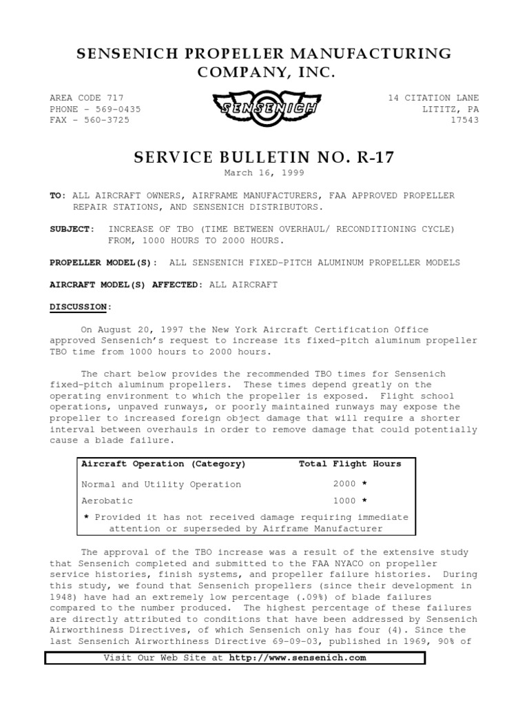 Sensenich Propeller TBO Update Notice | PDF | Airfoil | Propeller