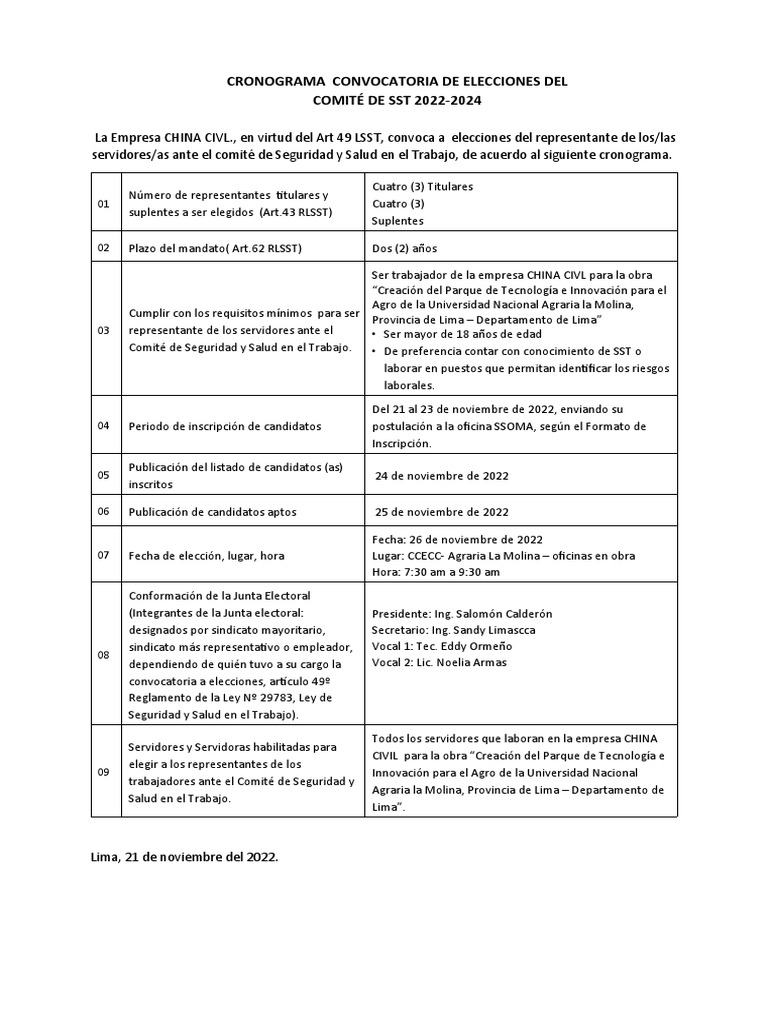 Cronograma de Elecciones de Representantes Del Comité de Seguridad y ...