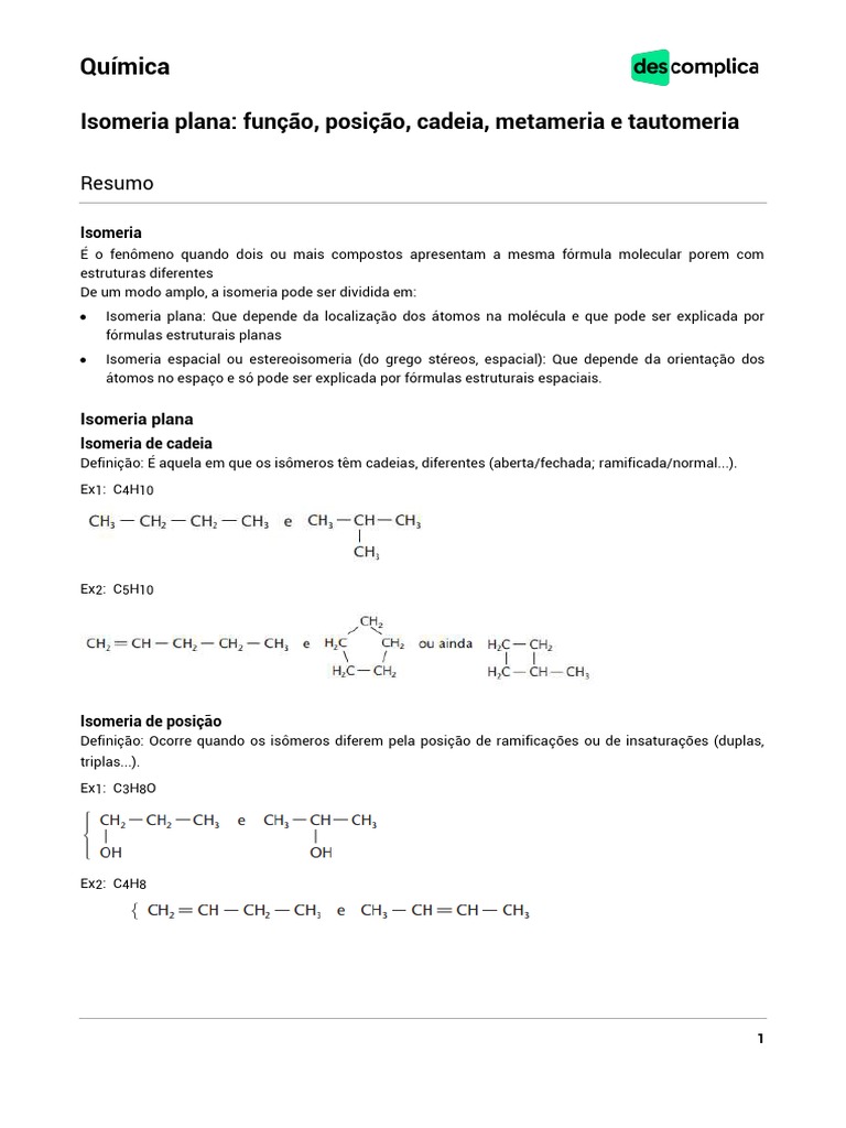 Química-Isomeria Plana - Função, Posição, Cadeia, Metameria e ...