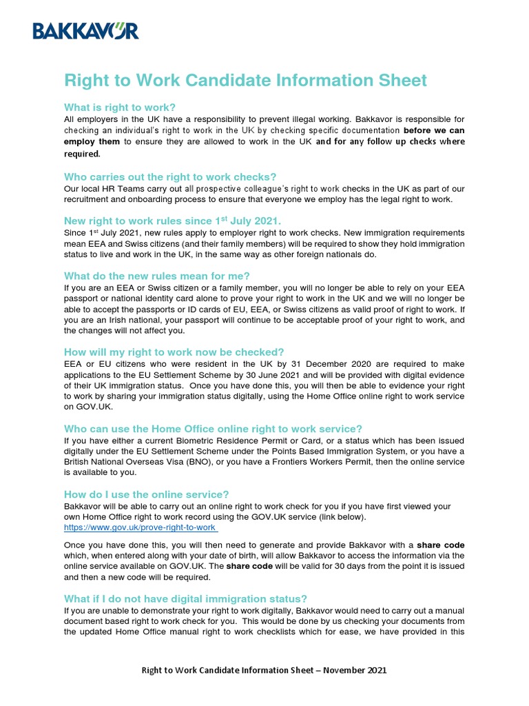 Right To Work Candidate Information Sheet PDF | PDF