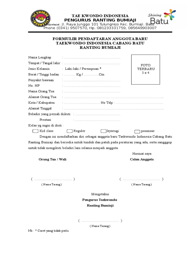 Toaz - Info Formulir Pendaftaran Anggota Baru Taekwondo PR | PDF