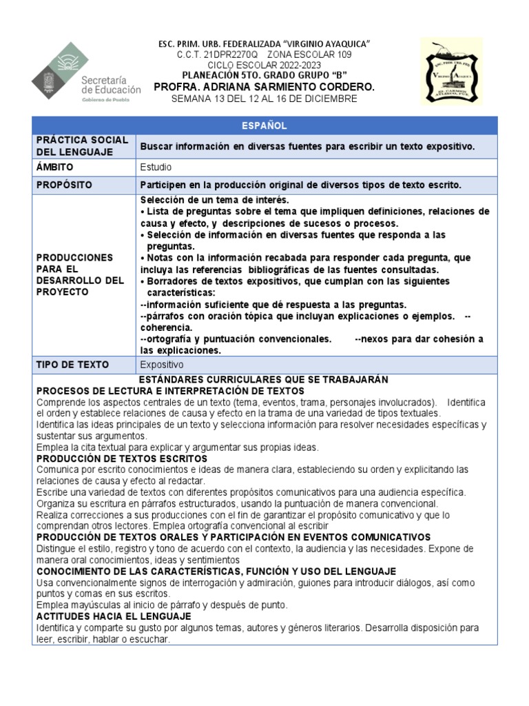 Planificación para la producción de textos expositivos sobre temas de interés en el quinto grado ...