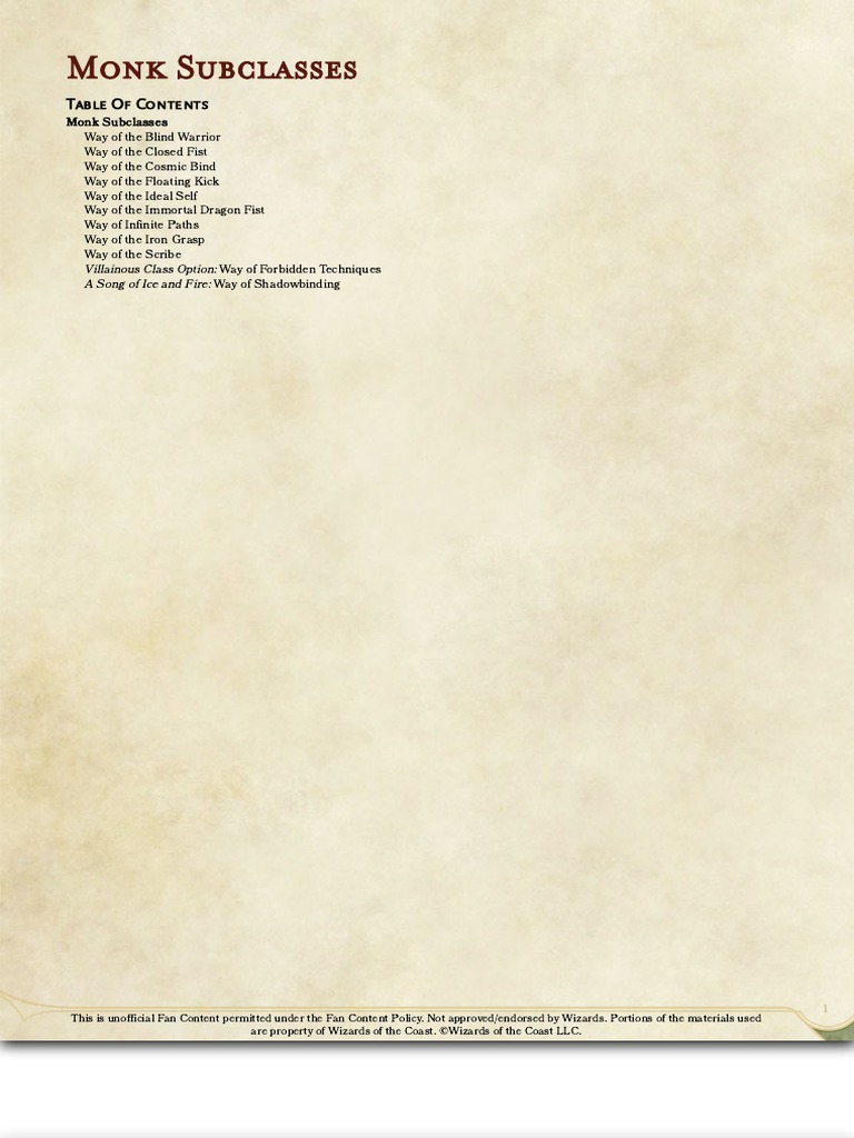 Subclasses - Monk - GM Binder PDF | PDF