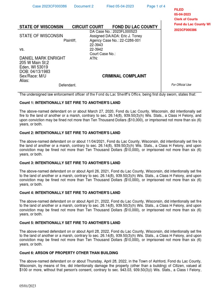 Criminal Complaint Against Daniel Enright | PDF