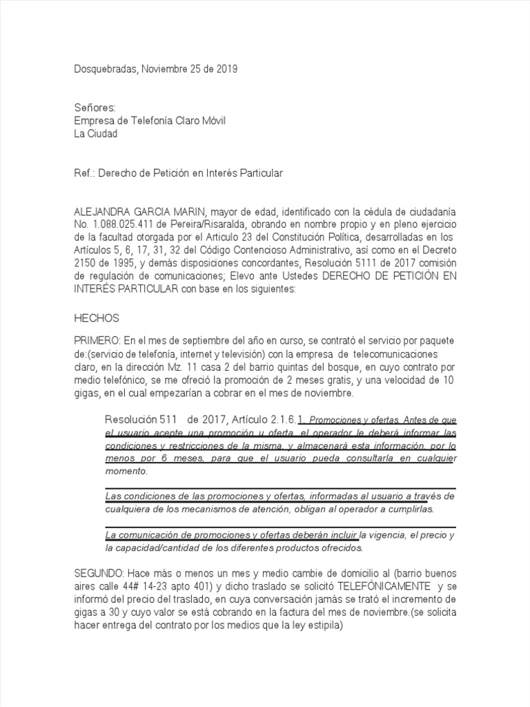 Derecho de Peticion A Claro Por Cobro Indebido | PDF | Petición | Factura
