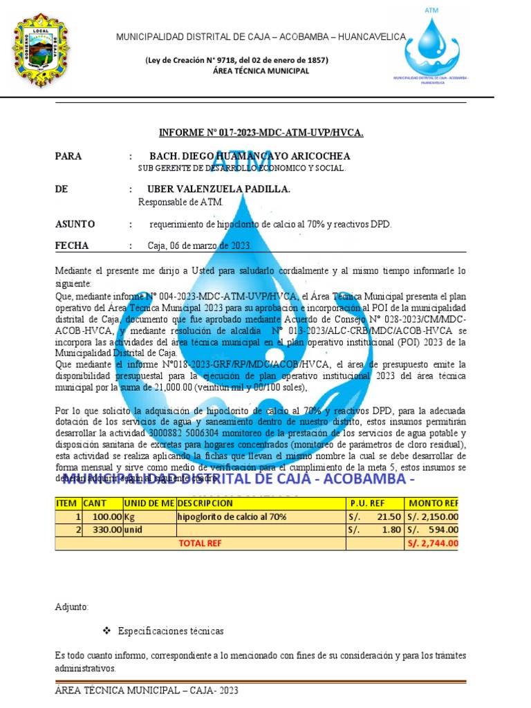 INFORME #017.requerimiento Hipoclorito de Calcio y DPD | PDF | Tecnología