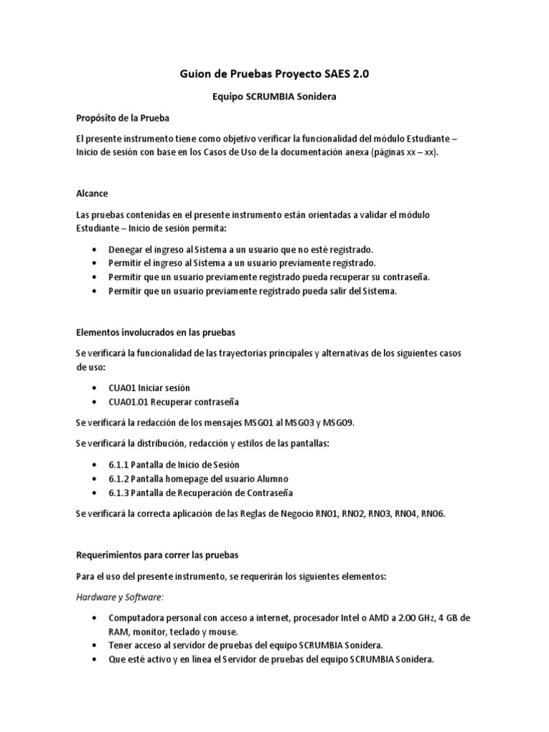 Guion de Pruebas Proyecto SAES 2.0 PDF | PDF
