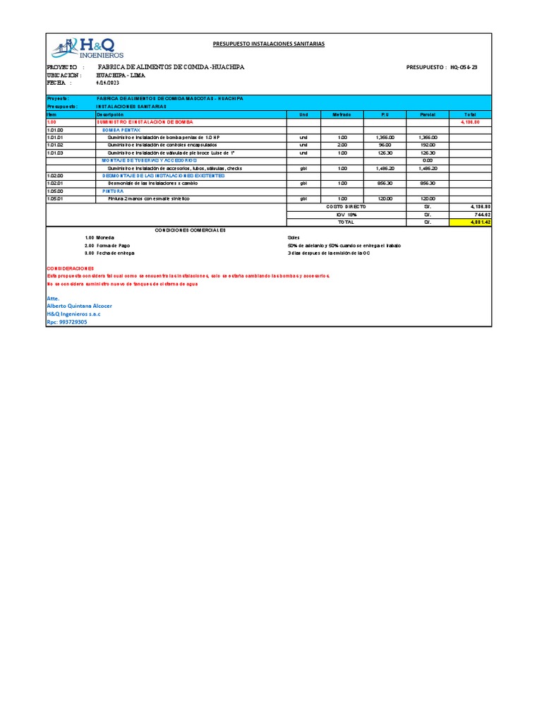 PRESUPUESTO Cambio de Bomba de 1HP HQ-054-23 - Huachipa | PDF