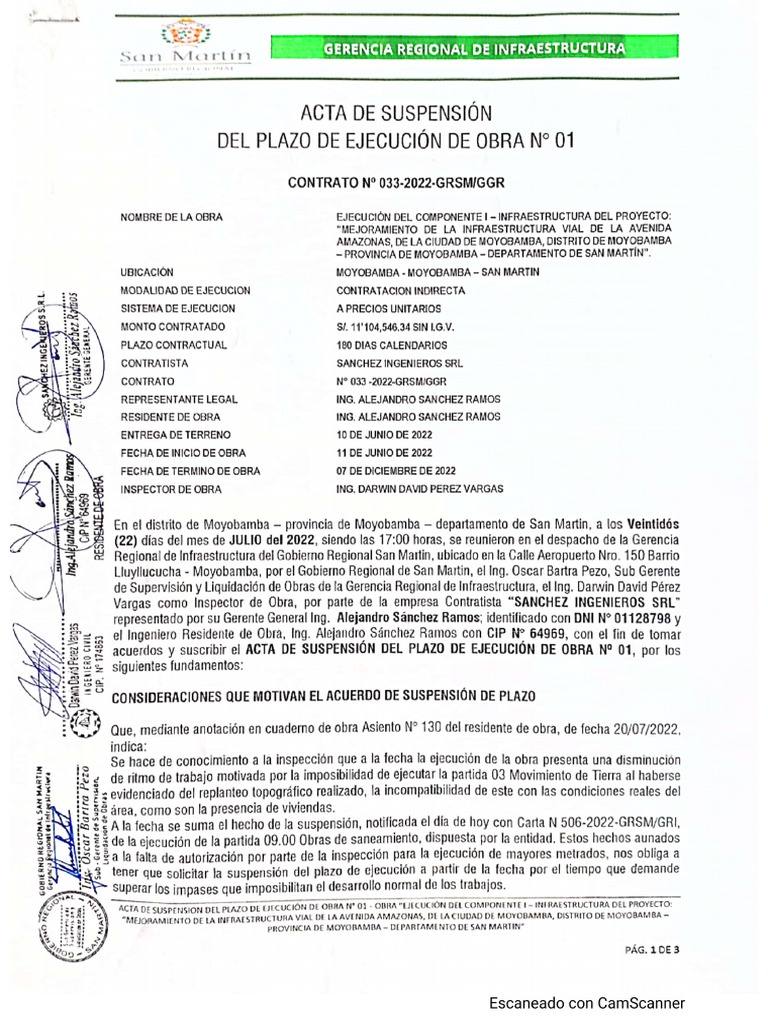 Acta de suspensión del plazo de ejecución de obra N° 01 | PDF