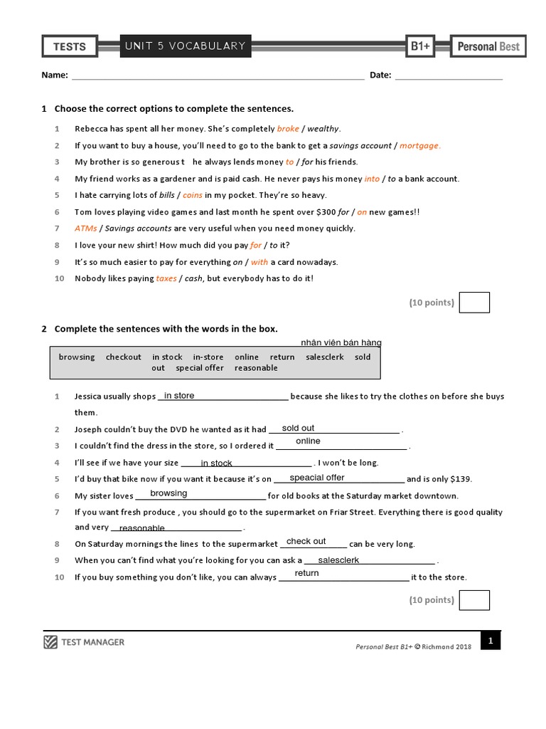 Unit 5 Vocab Test | PDF | Money | Financial Services