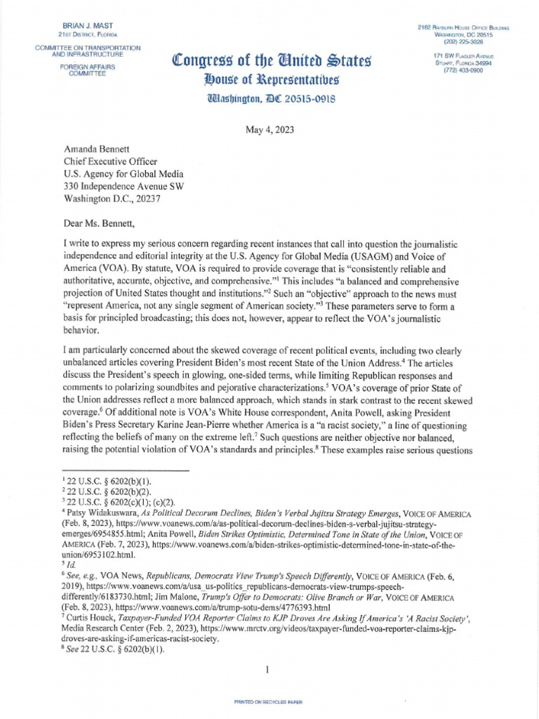 Rep. Mast's Letter To VOA | PDF