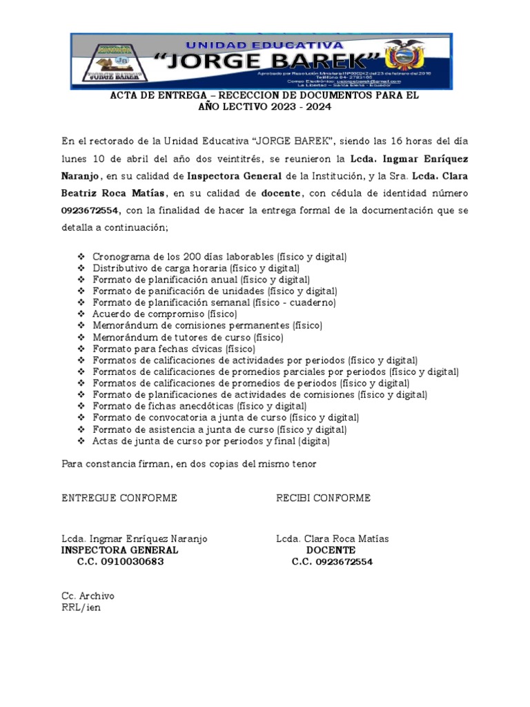 Acta de entrega recepcion documetos administrativos y operativos 2023 ...