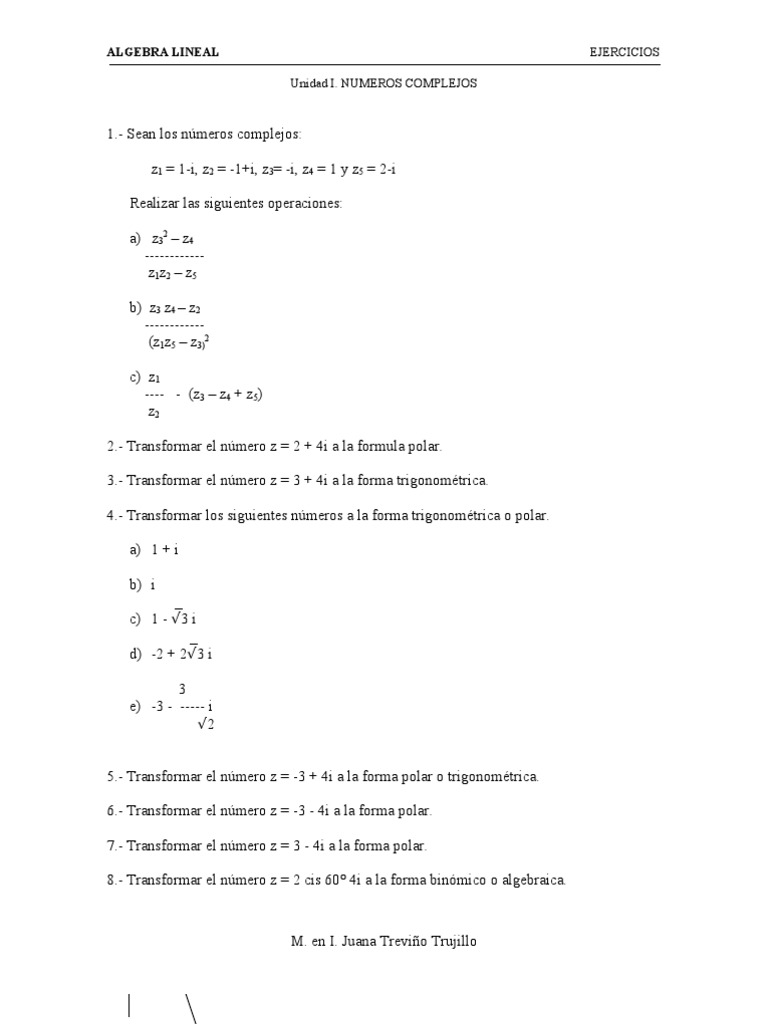 Problemario 1 de Algebra Lineal | PDF | Número complejo | Ecuaciones