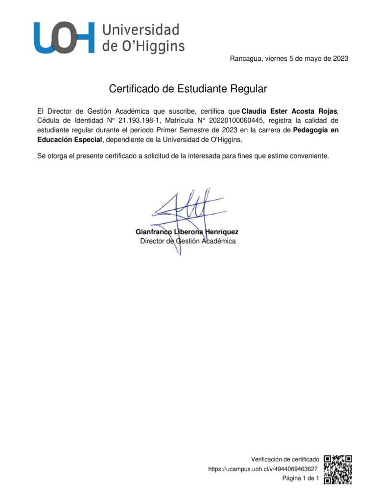Certificado de Estudiante Regular 2023 | PDF