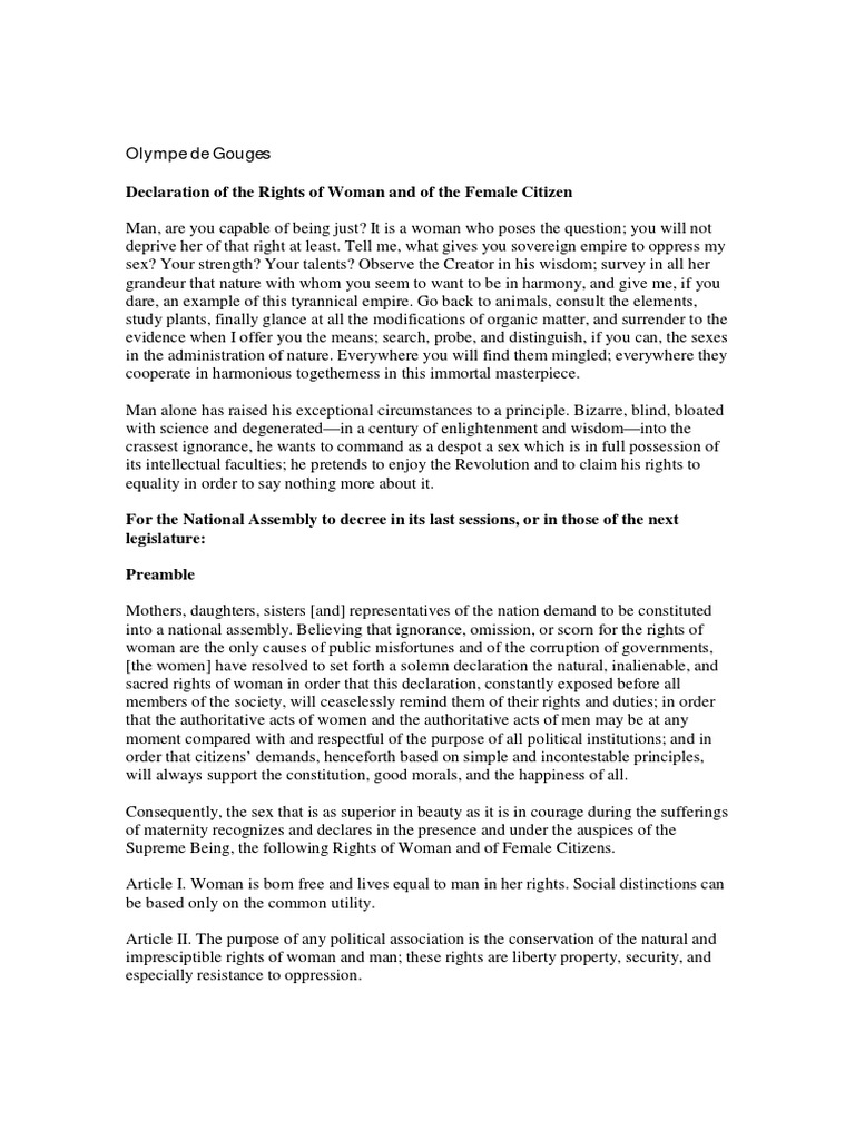 Olympe de Gouges"Declaration of The Rights of Woman and The Female ...