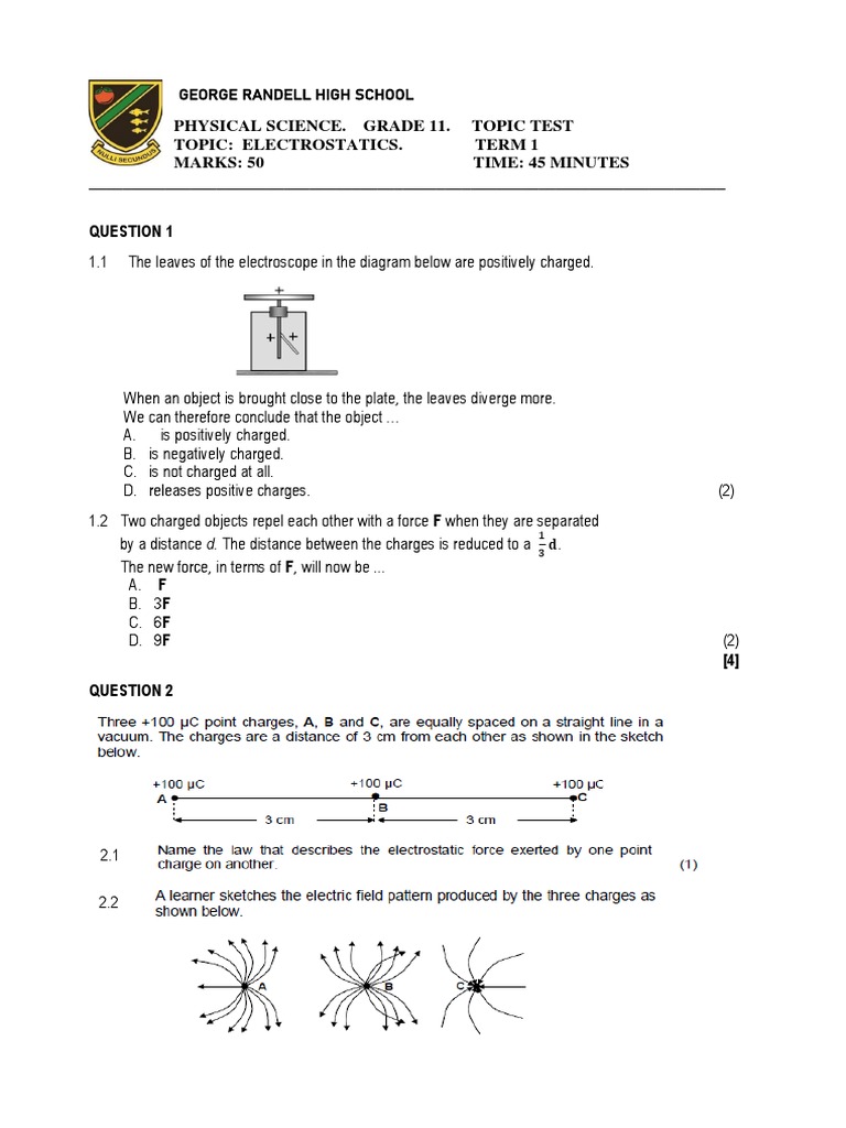 Topic Test 3 - Electrostatics PDF | PDF