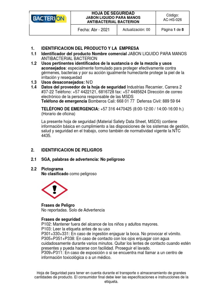 Hds-Jabon-Liquido-Antibacterial Bacterion PDF | PDF | Química | Ciencias fisicas